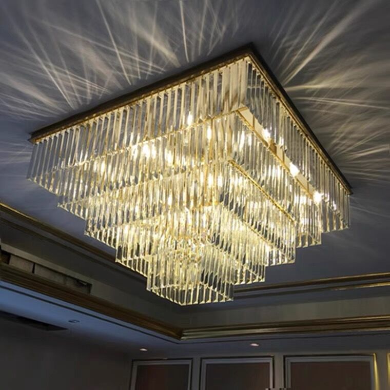 Extra Large Flush Mount Multi-tiered Square Crystal Light For Dining R ...